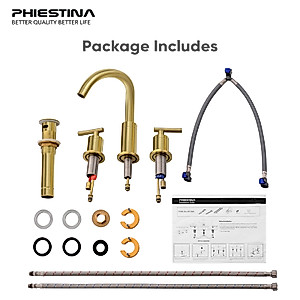 Phiestina Brushed Gold Bathroom Sink Faucet, Widespread 8 Inch 3 Hole Rotatable 360 Degree Modern Bathroom Faucet, with Pop Up Drain and Water Supply Line, WF03-1-BG
