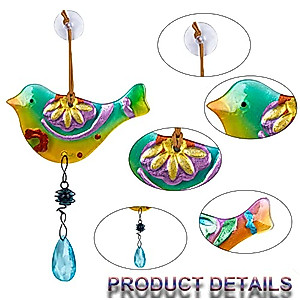 Fused Glass Bird Window Suncatcher,Indoor and Outdoor Hanging Decoration,with Crystal Pendant and Suction Cup,2 Pack Ornament for Home and Garden
