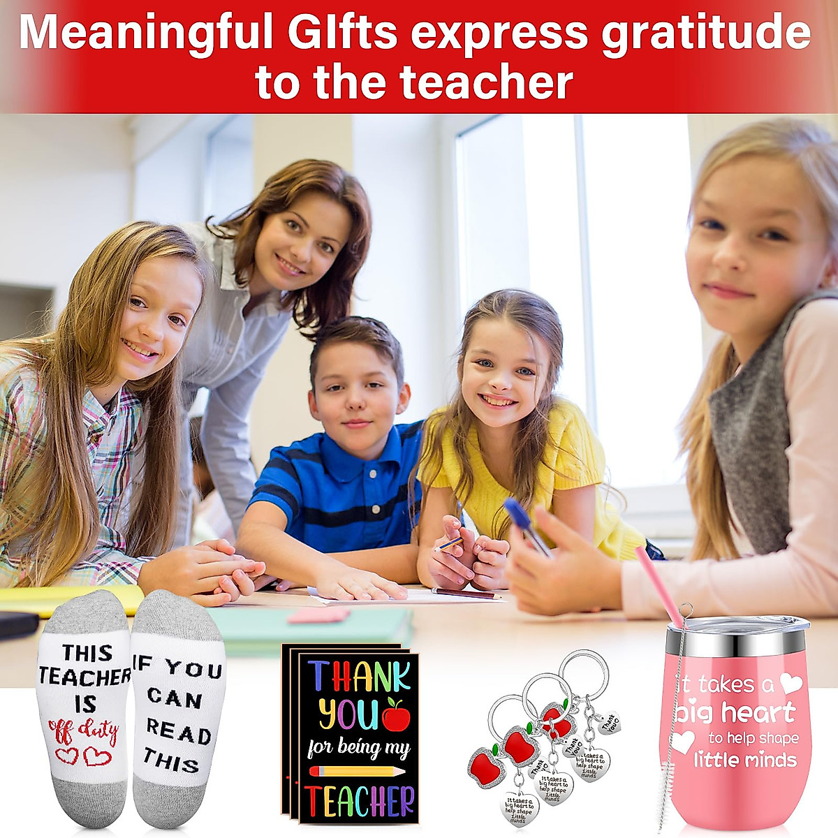 Didaey Teacher Appreciation Gifts for Women 12 oz Pink Wine Tumbler with Lid Straw Teacher Keychains Teacher off Duty Socks Teacher Appreciation Cards(Stylish Style)