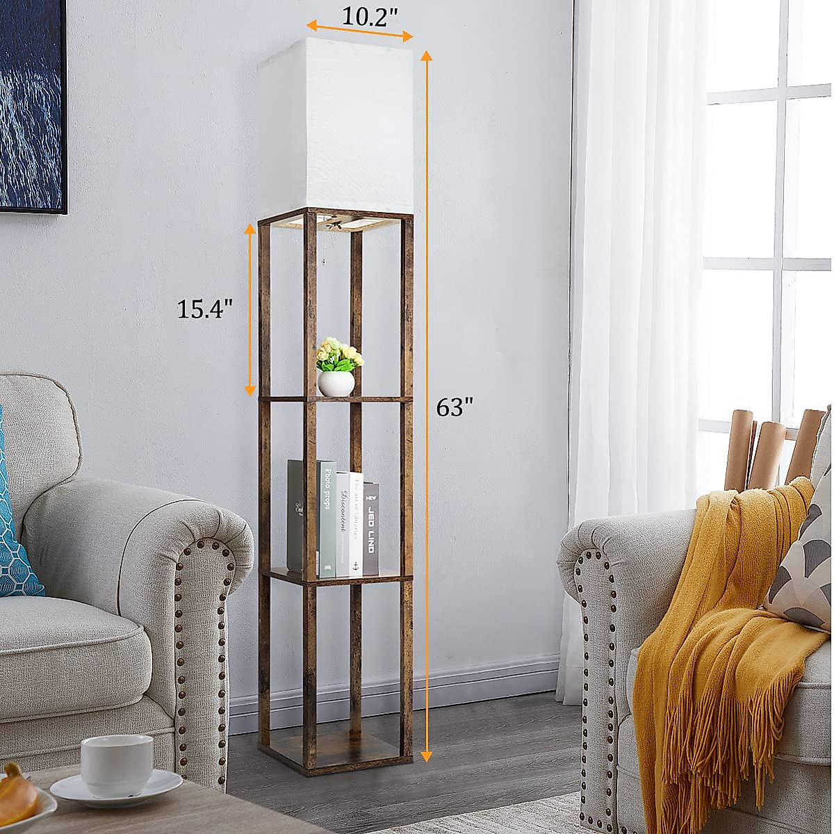 Dott Arts Floor Lamp with Shelves, 3 Color Temperature LED Bulb, Wood Texture, Storage, Brown