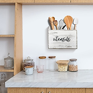 Uituka Utensil Holder Organizer Countertop for Kitchen Wood Crock Farmhouse Caddy Flatware Storage Box Rustic Utensils for Kitchen with 2 Compartments
