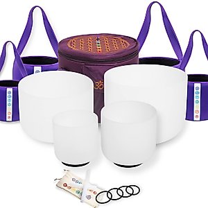 FMTY Singing Bowl Perfect Pitch 6B+8G+10E+12C Crystal Singing Bowl with Carrying Bag, Crystal Mallet, O-Ring Pure Quartz Crystal Sound Bowl for Meditation, Yoga, Spiritual Healing (Set of 4, White)