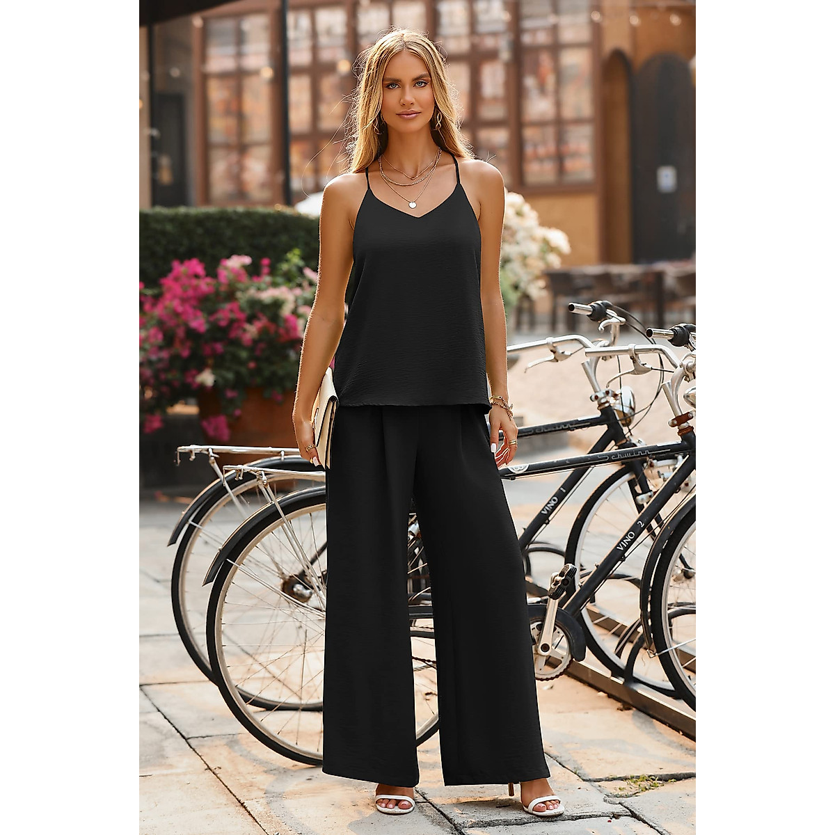 PRETTYGARDEN Women's Summer 2 Piece Set Sleeveless V Neck Cami Top Wide Leg Pants Loose Fit Casual Outfit (Black,X-Large)