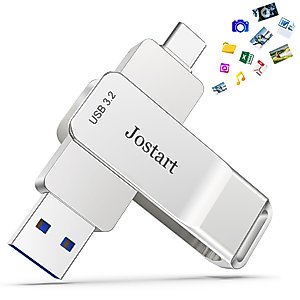 JOSTART USB C Flash Drive 1 TB, 500MB/s High Speed Thumb Drive, USB 3.2 + Type C Dual Drive, Portable Memory Stick for iPhone15/16/PS4/Tablet/Laptop/PC Data Backup, Sliver