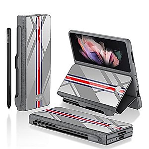 SHIEID Samsung Z Fold 3 Case Leather Cover, Galaxy Fold 3 Case with S Pen Holder Protector Cover 9H Tempered Glass Phone Case Compatible with Samsung Galaxy Z Fold 3 5G 2021, Limited Gray