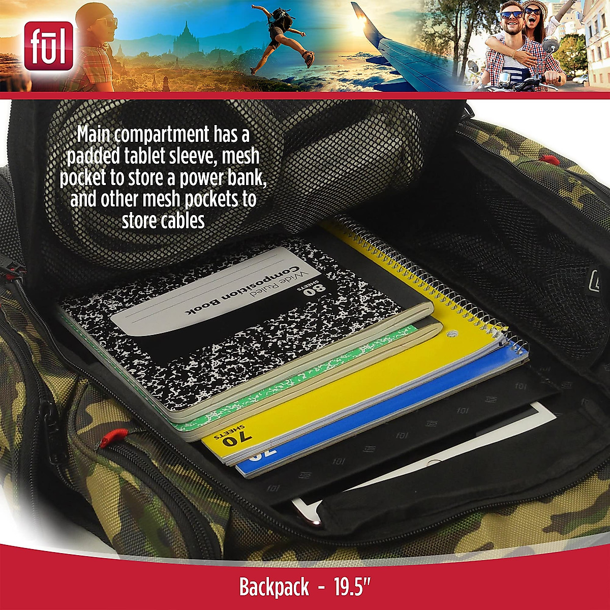 FUL Refugee Laptop Backpack, Padded Computer Bag For Commute or Travel, 1680 Denier, 15 Inch Laptop Sleeve, Black