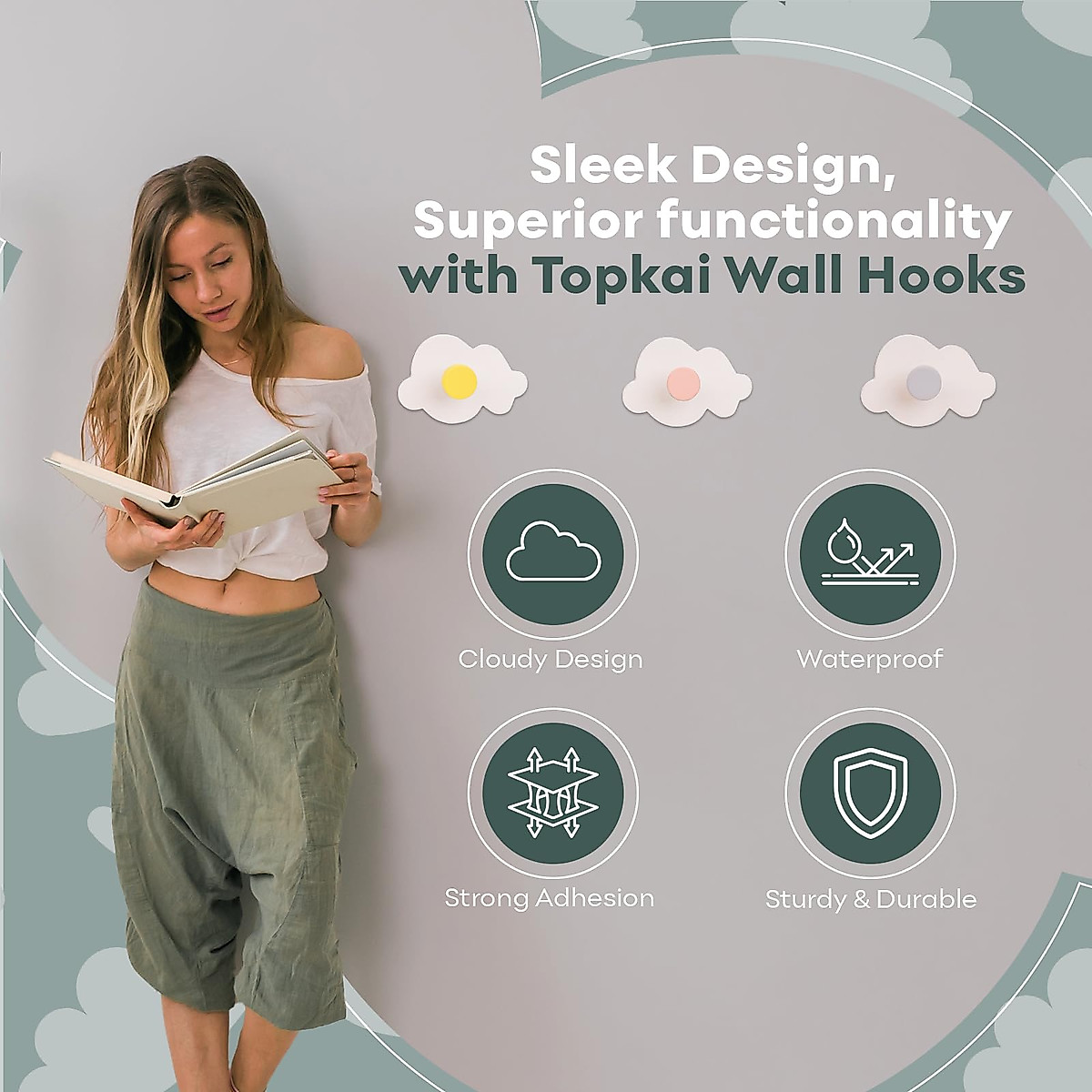 TopKai Cloud-Shaped Wall Hook Set - Cute Wooden Decorative Wall Hooks for Hanging Bags, Clothing, Towels, Hats - Modern Wall Hangers for Nursery, Bathroom, Entryway, Boys & Girls Bedroom - Pack of 4