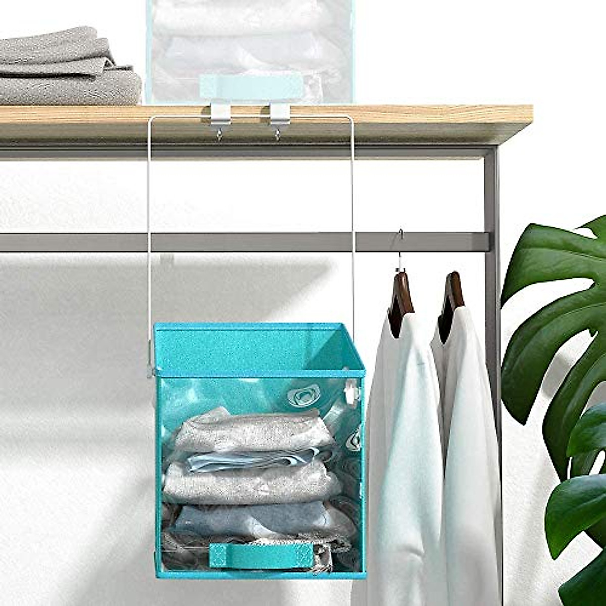 HNQH Pull-Down Closet Organizer Shelves,Clear Front Panel Storage Organizer Hanging Closet Wardrobe Storage Shelves, Clothes Handbag Shoes Accessories Storage