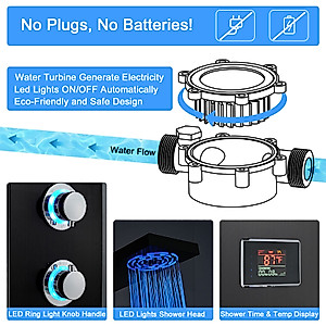 ROVOGO No Battery Needed Shower Panel System with Led Lights, MIST & RAIN Shower, 5 Body Jets, Handheld, Tub Spout and Temperature Display, Water Powered Led Shower Tower Column Stainless Steel, Black
