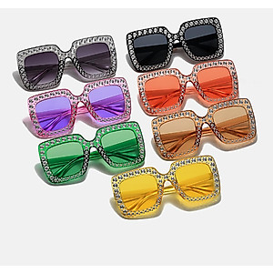 IKANOO Oversized Crystal Sunglasses for Women Square Thick Frame Bling Rhinestone Elton John Sparkling Glasses (Purple)