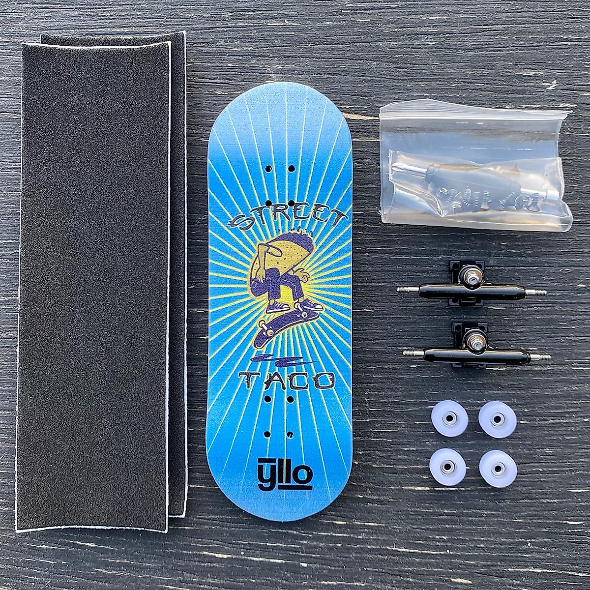Yllo Street Taco Complete 5 Ply Wood 100mm x 33mm Fingerboard with Upgraded 32mm Trucks, Lock Nuts, CNC Wheels