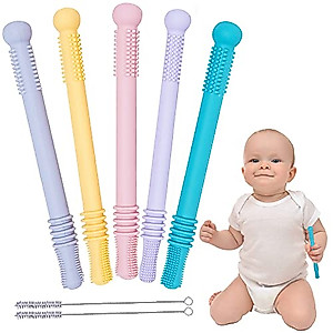 Mothby Teething Sticks for Babies Pack of 5, 6.3 Inches Long with 2 Pcs of Cleaning Brushes Straws for 3-12 Months Old Babies, Premium Food Grade Silicone, Refrigerator & Dishwasher Safe