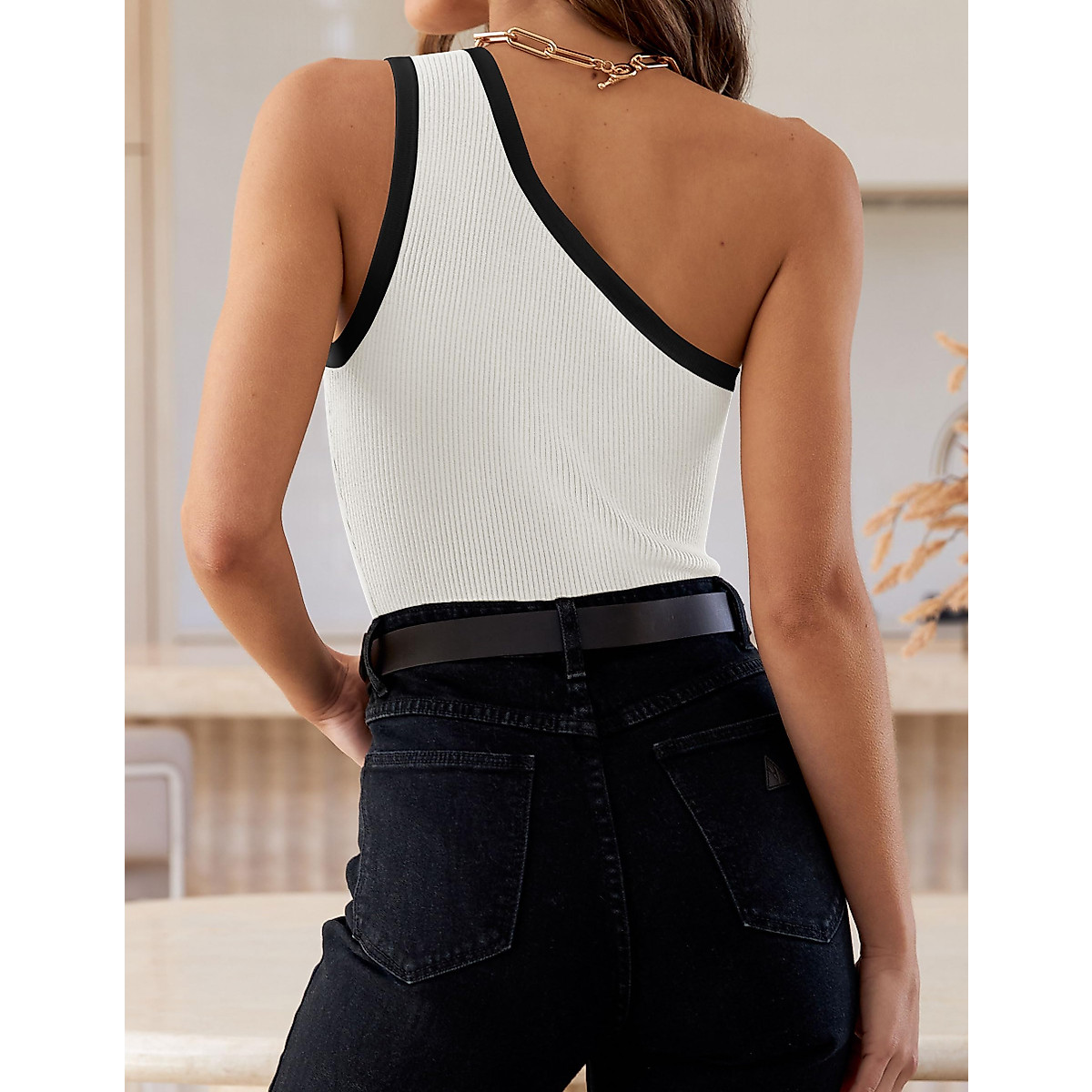 ZESICA Women's One Shoulder Tank Top Summer Sleeveless T Shirt Ribbed Knit Color Block Slim Fit Basic Tee Tops,White,Small