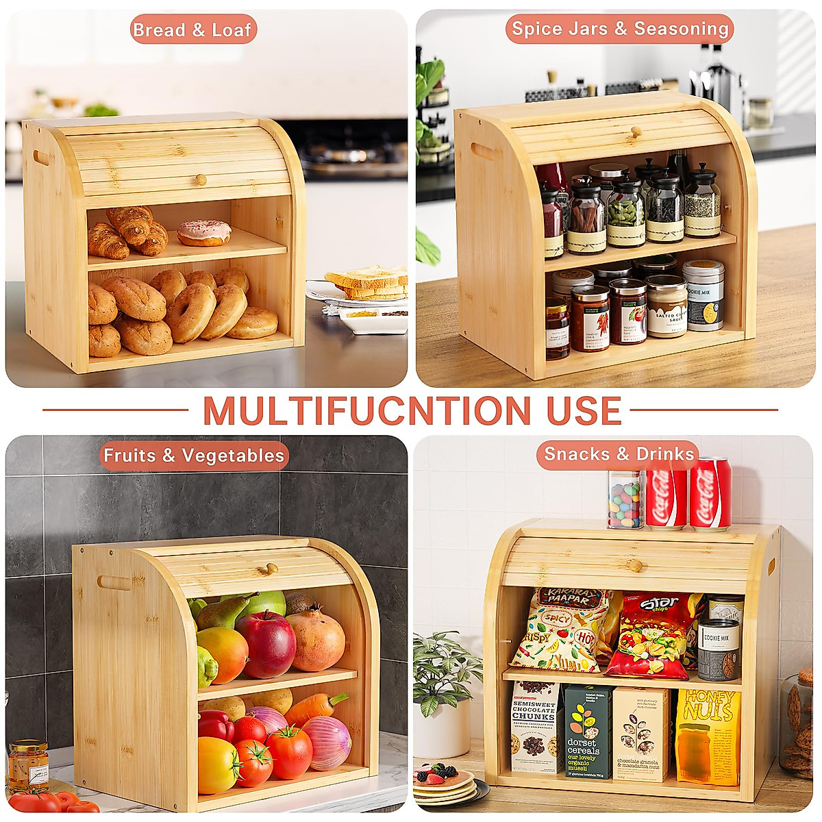 Bamboo Bread Box with Clear Front Window - Large Capacity Wooden Bread Storage Holder for Kitchen Counter - Double Layer Bread Storage Bin Holds 2 Loaves