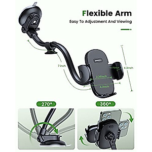 APPS2Car Suction Cup Phone Holder for Car 7" Windshield Dashboard Windows Car Phone Mount Gooseneck Truck Cradle with Strong Suction Compatible with iPhone 13/13 Pro Max, Samsung and All 4-7" Devices
