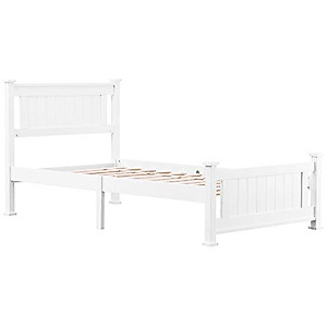 Bonnlo Twin Size Solid Wood Platform Bed Frame, Single Bed with Headboard, No Box Spring Needed Panel Bed, Wood Slat Support Mattress Foundation, White