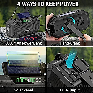 5000mAh Emergency Weather Radio with Bluetooth Speaker, Waterproof Hand Crank Digital NOAA AM FM Weather Radio, Solar Radio with Flashlight, Cell Phone Charger, Compass, Camping Survival Gear