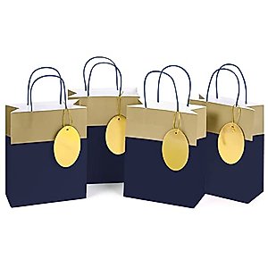 WRAPAHOLIC 8 Pack Small Gift Bags with Handles - 6" Gift Bags with Gift Tags for Wedding, Birthday, Baby Shower, Party Favors - Navy & Gold