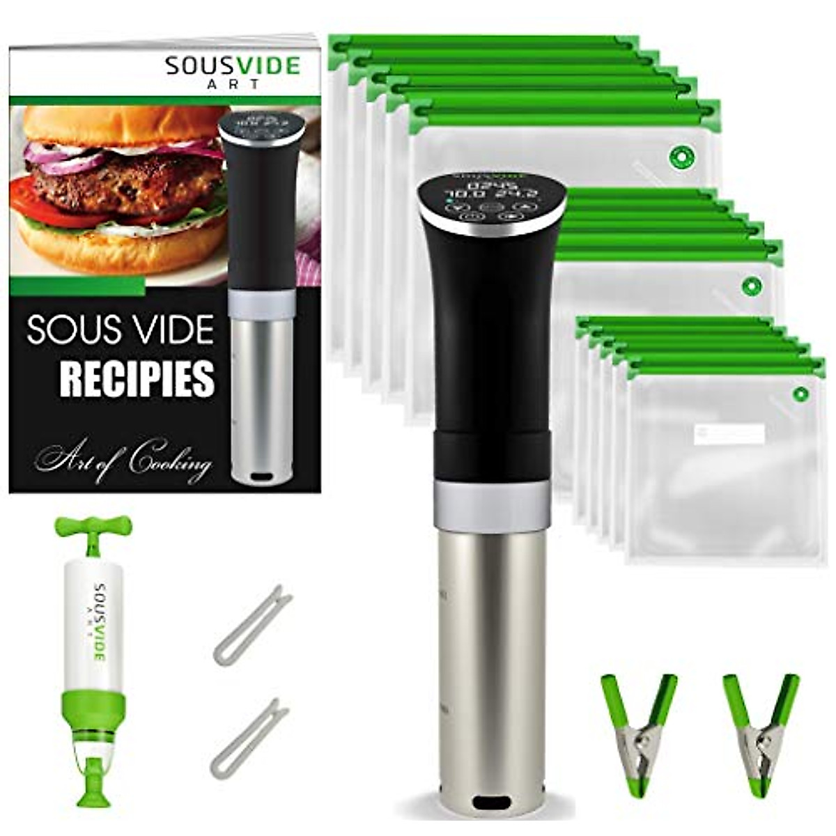 SOUSVIDE ART Precision Cooker Kit | 1000W STANDARD Sous Vide Machine Immersion Cookers Circulator | 15 Vacuum Seal Bags, Vacuum Pump, Digital Timer, & Temperature Control | All In One Sous Vide Machines