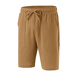 Today 2022 Men Linen Shorts Elastic Waist Drawstring Cotton Linen Shorts with Pockets Loose Fit Outdoor Summer Beach Shorts 5in Linen Shorts Men Khaki 2X