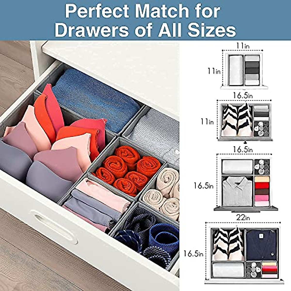 Criusia 14 Set Underwear Drawer Organizer, Foldable Underwear Drawer Organizer and Closet Dividers,Storage Box for Clothes, Socks, Underwear(Grey)