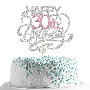 MonMon & Craft Happy 30th Birthday Cake Topper/Cheers to 30 Years/Women Girls 30th Birthday Party Decor Supplies - Silver & Pink Glitter (30th)