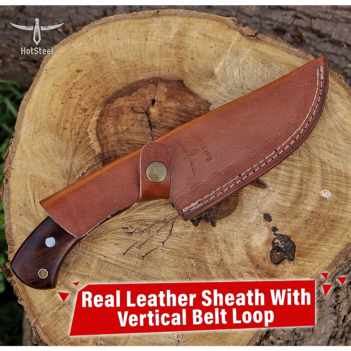 High Carbon Steel Knife - Handmade Full Tang Bushcraft Knife - Hunting Knife, Survival Knife, Fixed Blade Knife & Camping Knife - Camping Knives & Hunting Knives with Rosewood Handle & leather Sheath