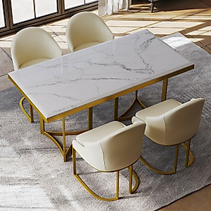 POVISON Marble Dining Table for 6, Modern Dining Room Table 63" for Kitchen & Dining Room, White Marble Table Top with Luxury Gold Trestle Pedestal(Dining Table Only)