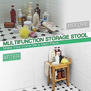 ETECHMART Bamboo Shower Bench with Storage Shelf, 2-Tier Spa Seat Bath Stool for Bathroom Bathtub Elderly Disabled Seniors Women, Inside Shower Shaving Legs, Waterproof, Natural