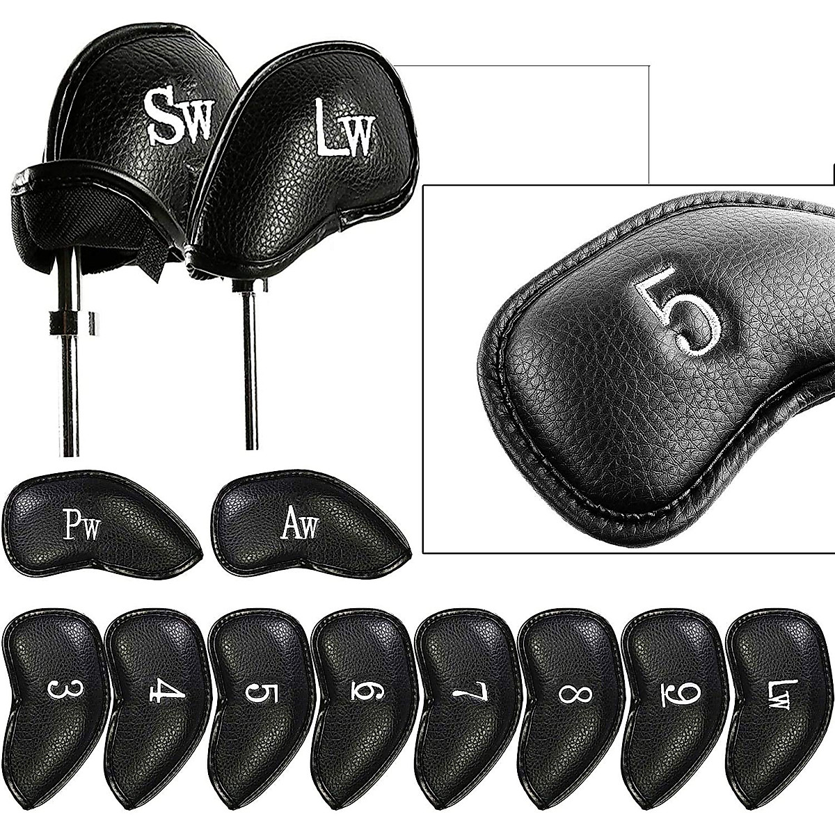 Golf Iron Head Covers 12 Pcs/Set Synthetic Leather Value Pack Deluxe Headcovers Fit All Brands Blue Red Black Green Brown for Men Women (Black)