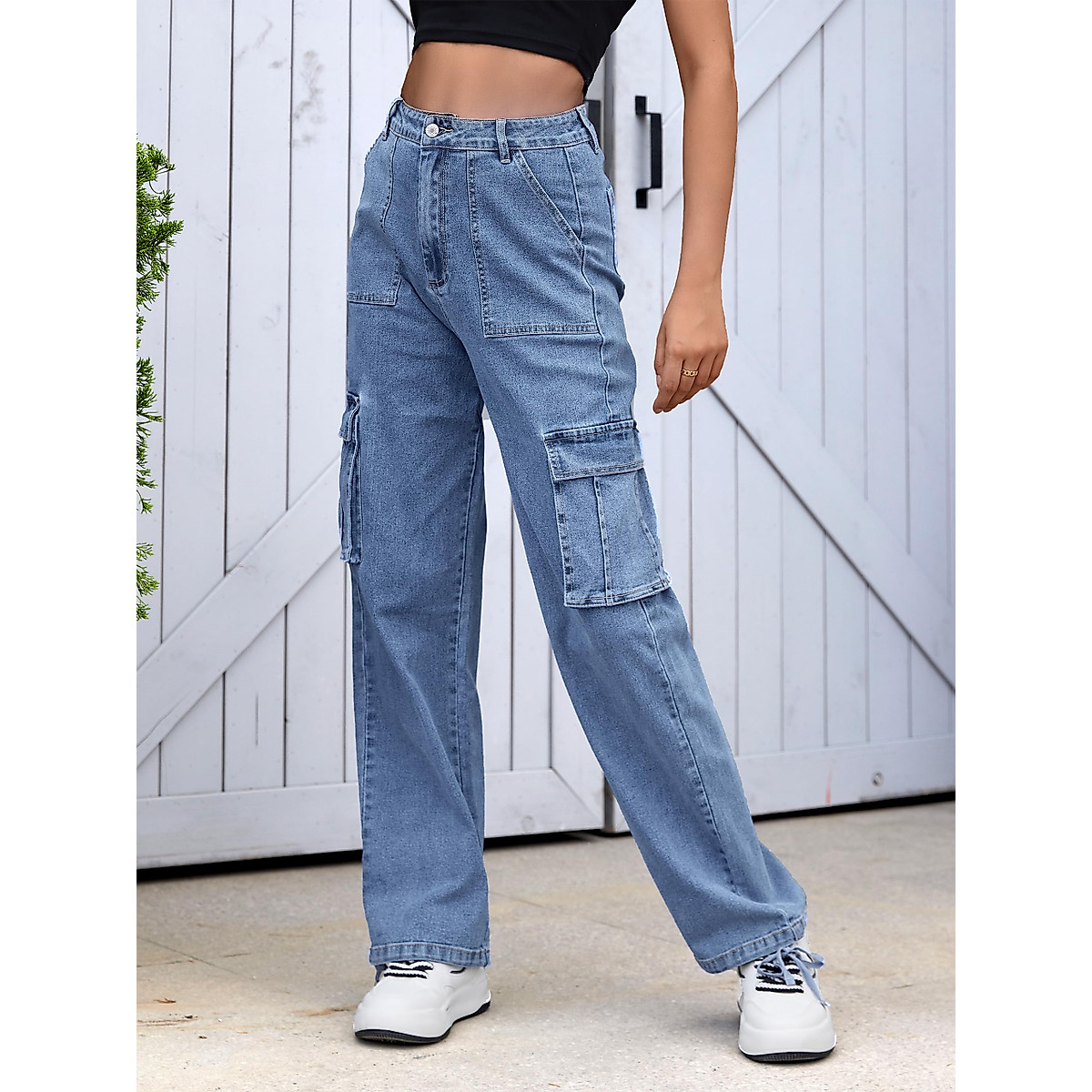 ZMPSIISA Women High Waisted Cargo Jeans Pants Wide Leg Casual Denim Pants 6 Pockets Combat Military Trousers(Denim Blue,X-Large)