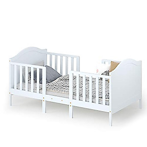 Costzon 2 in 1 Convertible Toddler Bed, Classic Wood Kids Bed w/2 Side Guardrails, Footboard for Extra Safety, Children Bed Frame Convert to Two Chairs/Sofa/Cribs, Gift for Boy Girl (White)