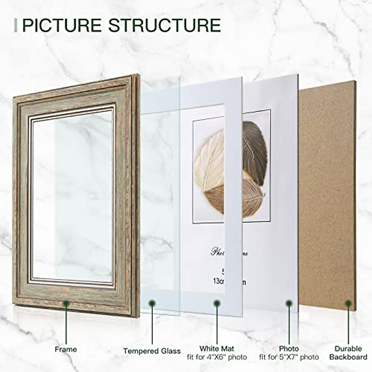 XUANLUO 3 Pack 5x7 Inch Picture Frames Farmhouse Rustic Vintage Distressed Wood Grain Photo Frame with Tempered Glass for Table Top Display and Wall Hanging