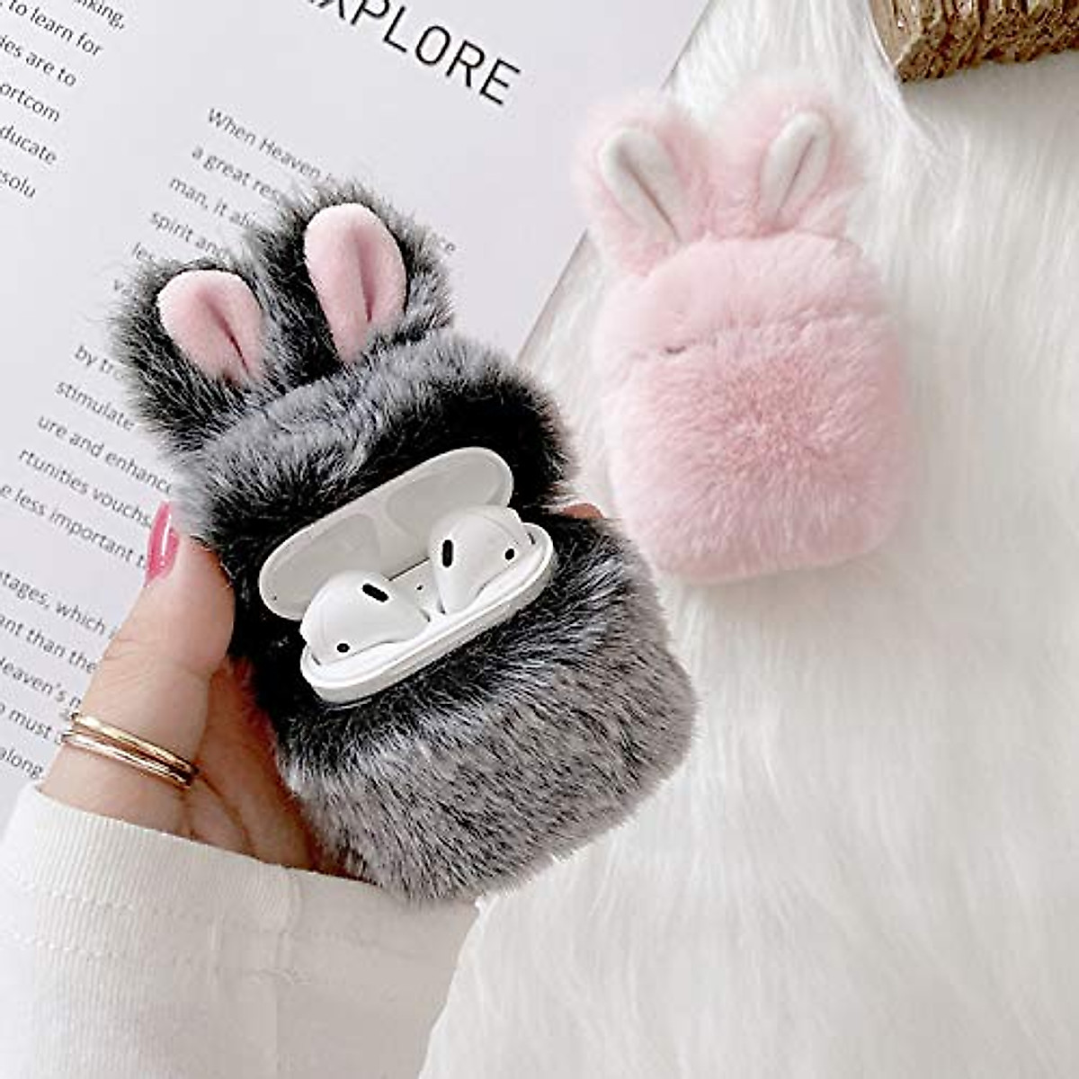 Guppy Compatible with AirPods Furry Bunny Case Girls 3D Cartoon Cute Rabbit Ears Plush Fluffy Warm Carrying Case Soft Protective Case Cover Accessories for AirPods 1 & 2 Gray