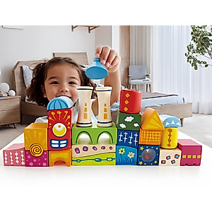 Hape Fantasia Block Castle Award Winning Wooden Castle Building Block Stacking Toy, Unique Shaped Building Block Set, Rainbow Stacking Toy with Patterns