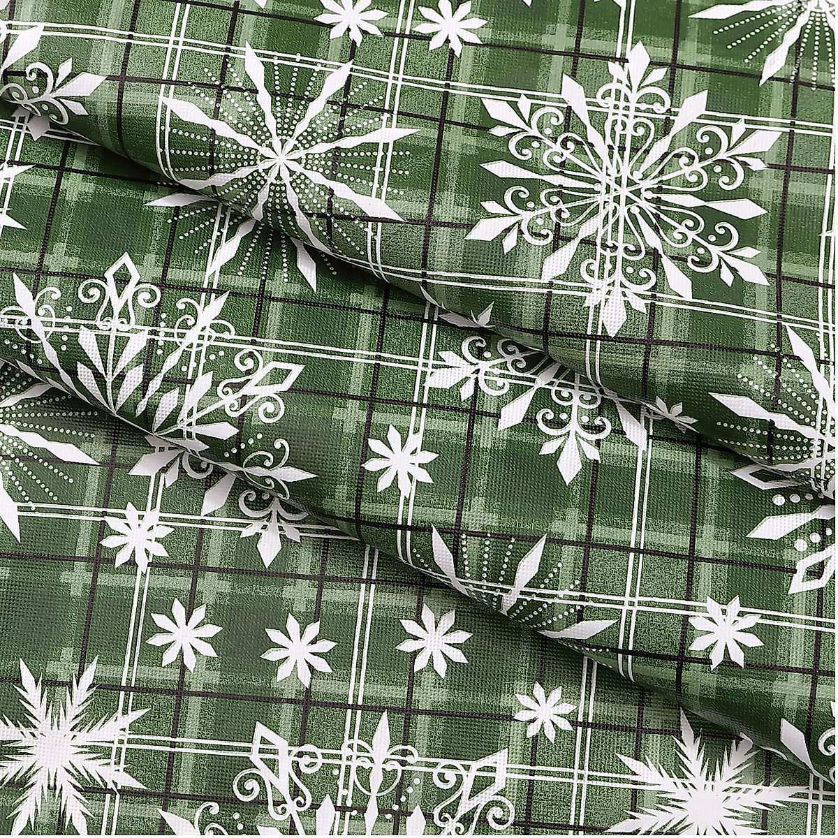 Newbridge Snowfall Snowflake Plaid Christmas Print Vinyl Flannel Backed Tablecloth Contemporary Snowflake Design Easy Care Wipe Clean Xmas Tablecloth, 60 Inch x 102 Inch Oblong/Rectangle, Green