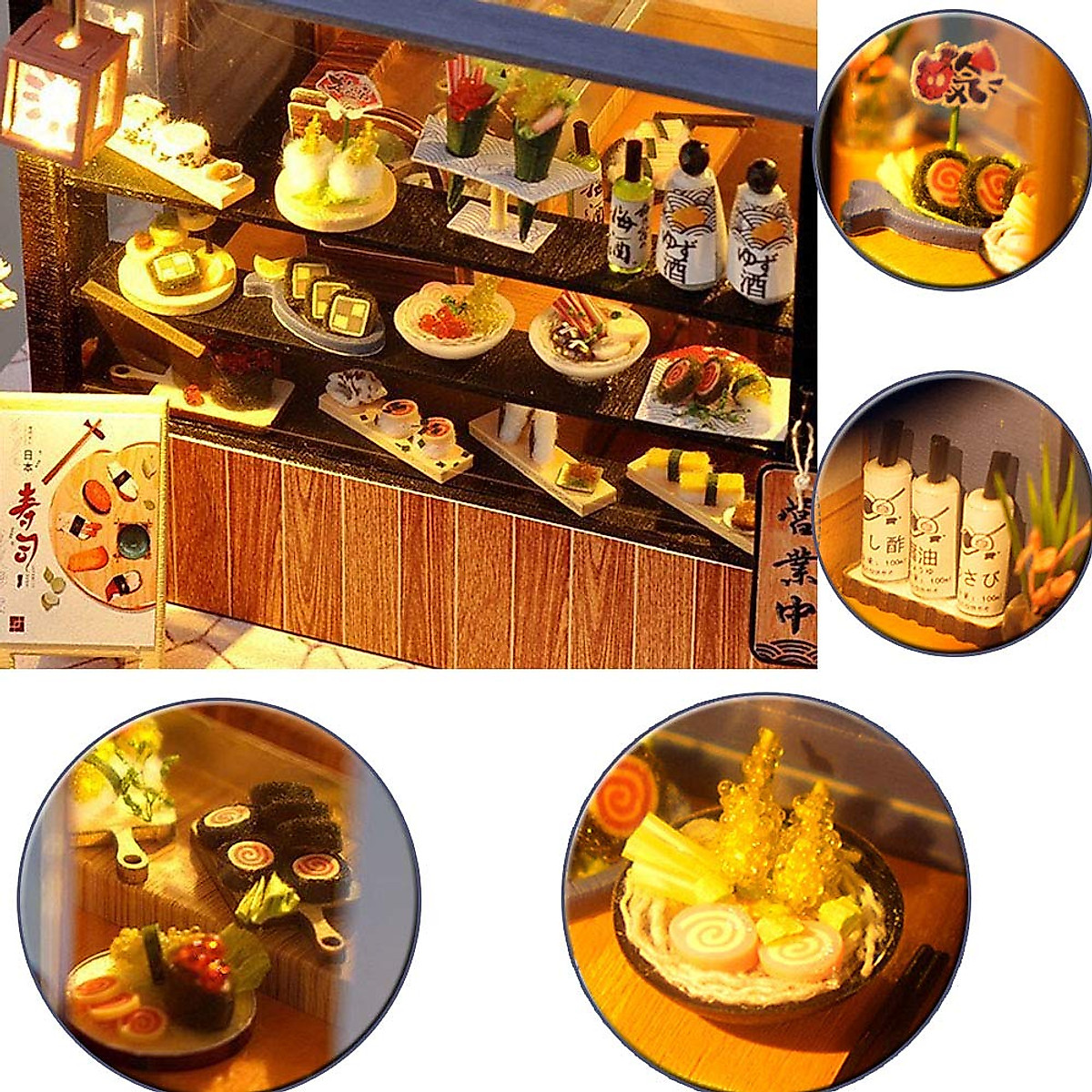 XLZSP DIY LED Lights Miniature Dollhouse Kit Street Shop Doll House Model Wooden Furniture for Valentine's Day Creative Gifts (Sushi)