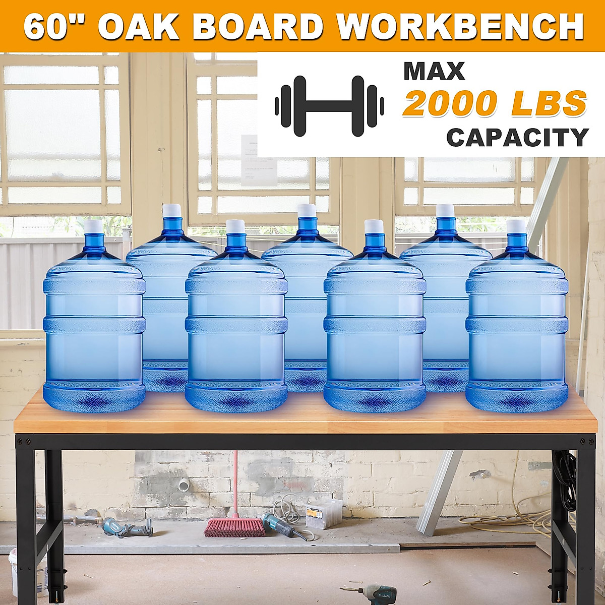 HABUTWAY Height Adjustable Workbench 60" 2000 Lbs Capacity Oak Wood Work Station Heavy-Duty Work Tables with Power Outlets for Garage Party Shop Office