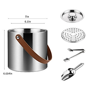 Bakpoco Double-Wall Vacuum Insulated Ice Bucket with Lid, Scoop, Ice Tong, Strainer & Leather Handle Keep Ice Frozen Longer Large Wine Ice Buckets for Cocktail Bar,Parties Chilling Beer Champagne 3L