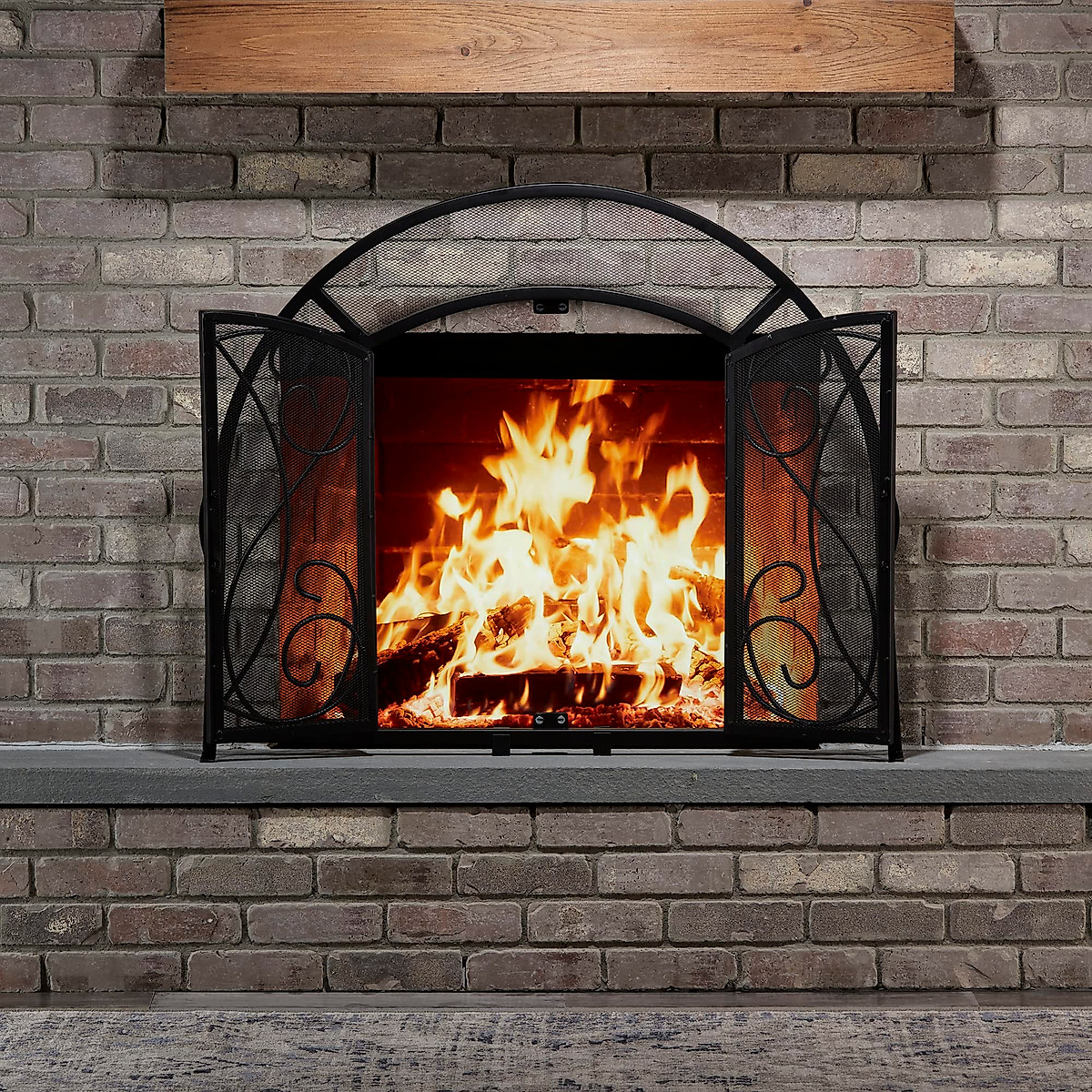 Uniflame Single Panel Black Wrought Iron Ornate Fireplace Screen with Doors