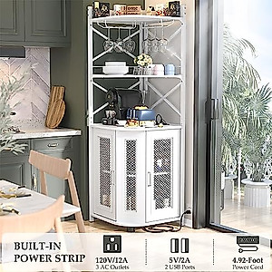 Aheaplus Corner Bar Cabinet with Power Outlet, Industrial Wine Cabinet with LED Strip and Glass Holder, 5-Tiers Liquor Cabinet Bar Unit for Home, Corner Display Cabinet for Small Space, White