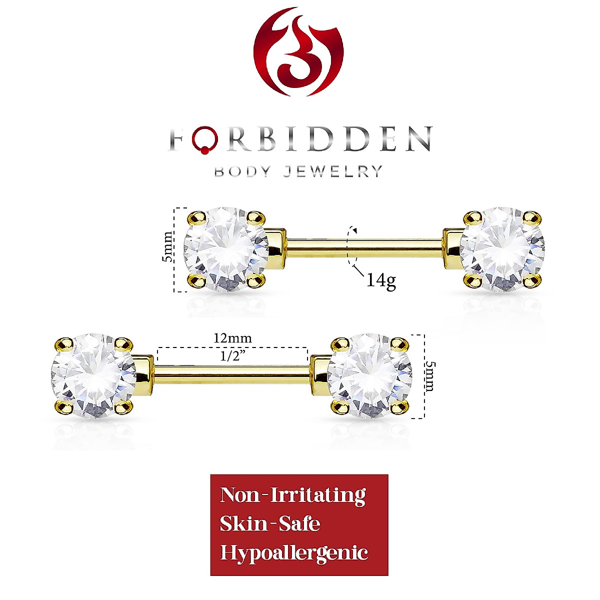 Forbidden Body Jewelry 14g 1/2 Inch (12mm) 14k Gold Plated Clear CZ Crystal Front Facing Gemmed Nipple Ring Barbell Set