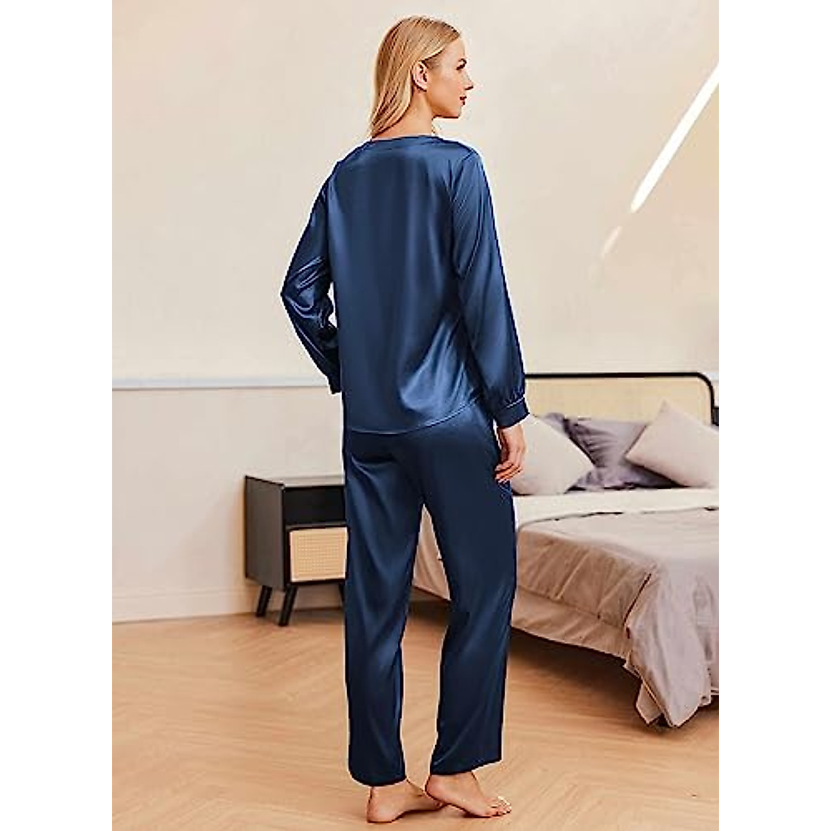 Ekouaer Womens Silk Pjs Satin Lounge Set Silky Nightwear Long Pajama Pant Set Loungewear Long Sleeve Satin Pajama Set Navy Blue M