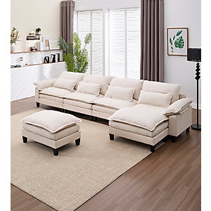 154.8" Oversized U-Shaped Cloud Couch with 2 Ottoman,Modern Large 4 Seats Modular Sectional Sofa with Reversible Chaise & Pillows,Velvet Fabric Cloud Couches for Living Room Apartment-Beige