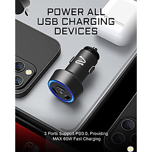 USB C Car Charger, Aergiatech 60W(20W Each) PD 3.0 Fast Car Charger Adapter 3-Port, Type C Car Charger Compatible with iPhone 13/13 Pro/12/12 Pro/11/X/SE, Galaxy S21/S20/Note20, iPad,Black