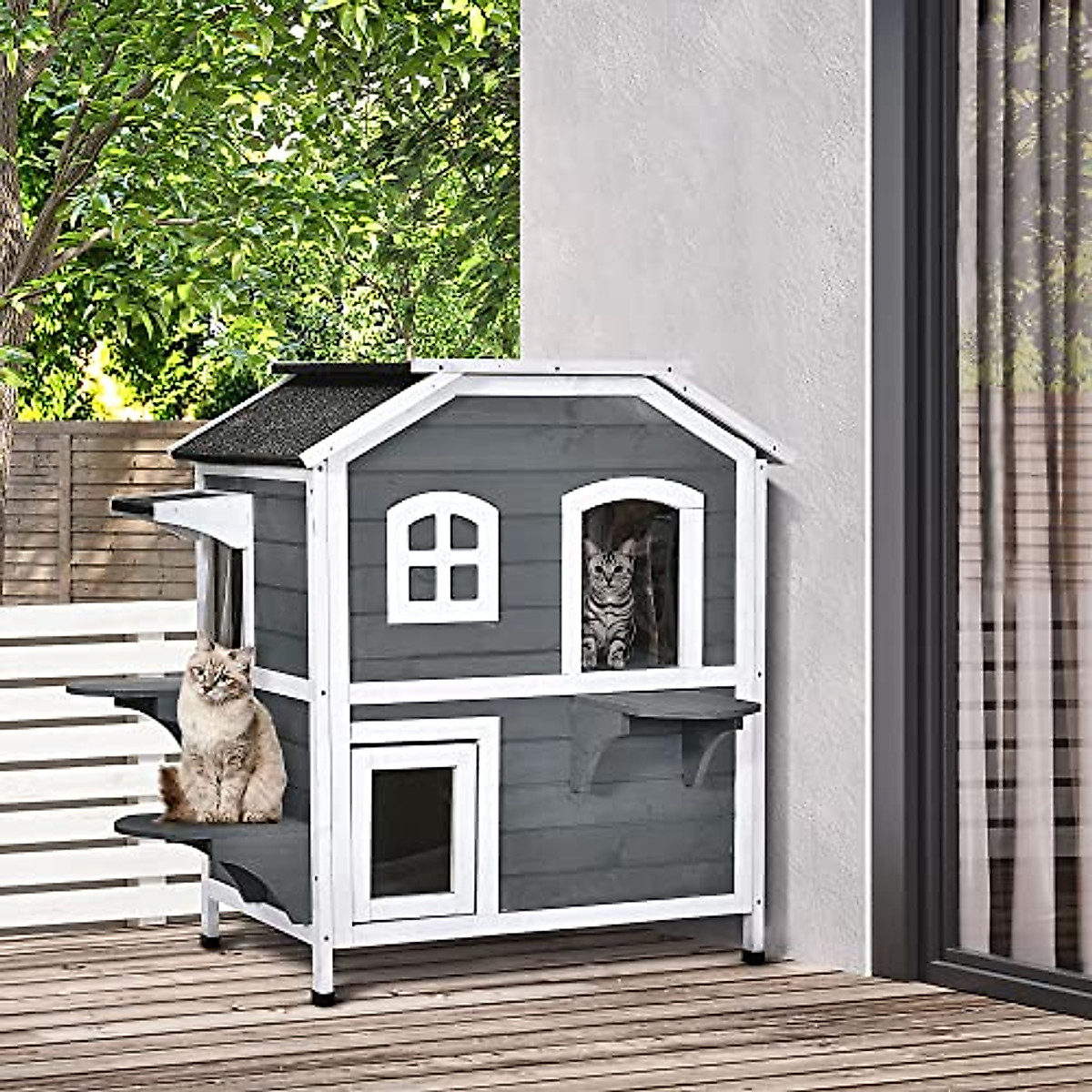 PawHut 2-Story Cat House Outdoor, Weatherproof Wooden Cat Enclosure for Feral Cats with Escape Door, Openable Roof, Jumping Platforms, Gray