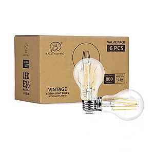 Talltreepho A19 LED Edison Bulbs 60W Equivalent, Energy Saving 800 Lumen Soft White E26 8W Non-Dimmable Clear 3000 Kelvin Natural Warm LED Light Bulbs, Antique House Lights, 6Pack