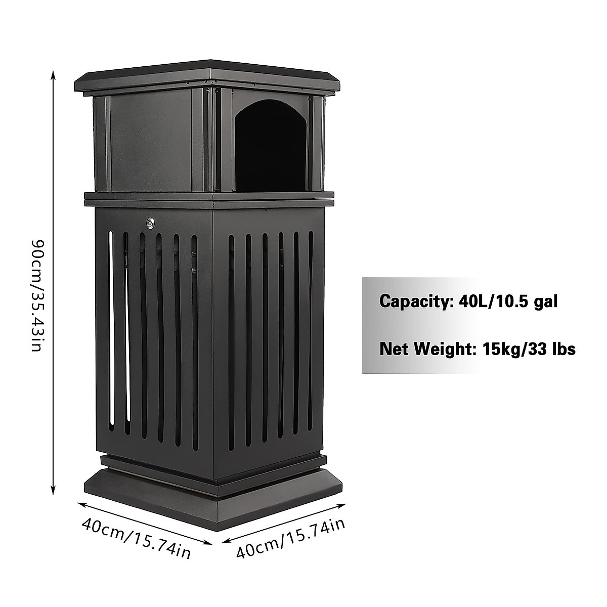 Outdoor Trash Can, 40L Commercial Garbage Enclosure with Locking Lid, Heavy Duty Industrial Yard Garage Waste Container, Installation-Free, 35.4 x 15.7 x 15.7 in, Galvanized Sheet (Black)
