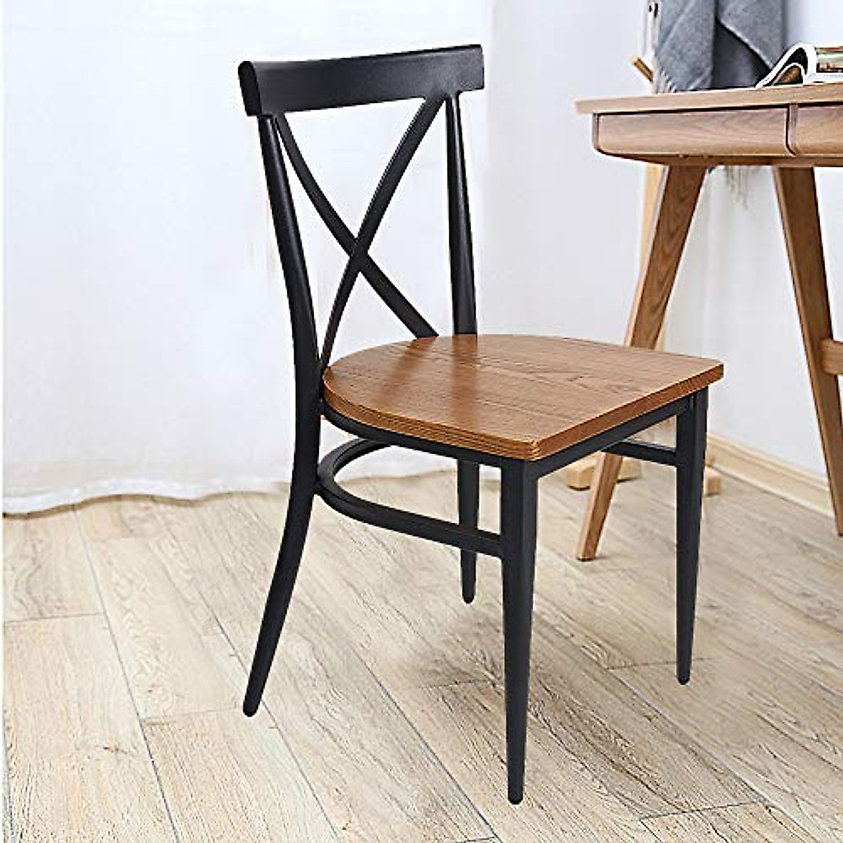 LUCKYERMORE Black Metal Dining Chairs Set of 2 Heavy Duty Kitchen Chairs Fully Assembled for Restaurant Solid Wood Seat X Back Cafe 450lbs Weight Capacity, Farmhouse Mid Century Morden Dining Chair