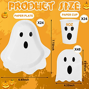 Fuutreo 96 Pcs Halloween Ghost Party Tableware Supplies Including 48 Pcs Halloween Guest Napkins 24 Pcs Ghost Shaped Plates 24 Pcs 9 oz Disposable Ghost Paper Cups Serve for 24 Guests Halloween Party